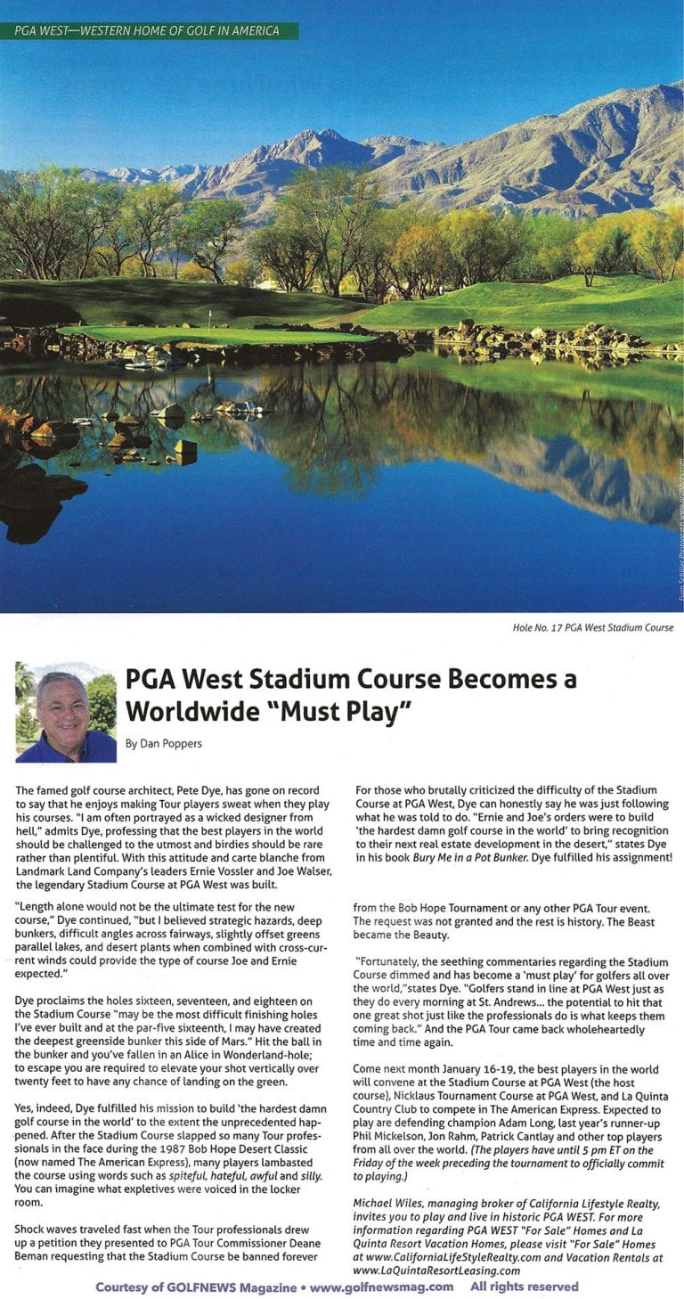 PGA WEST Stadium Course Becomes a Worldwide "Must Play"